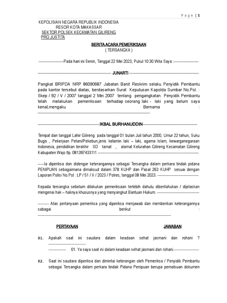 Berita Acara Pemeriksaan Tersangka | PDF