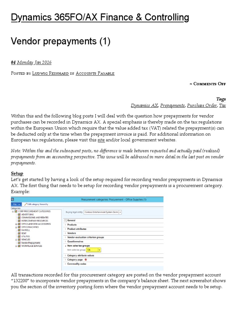 Vendor Prepayments (1) Dynamics 365FO - AX Finance & Controlling | PDF | Invoice | Value Added Tax