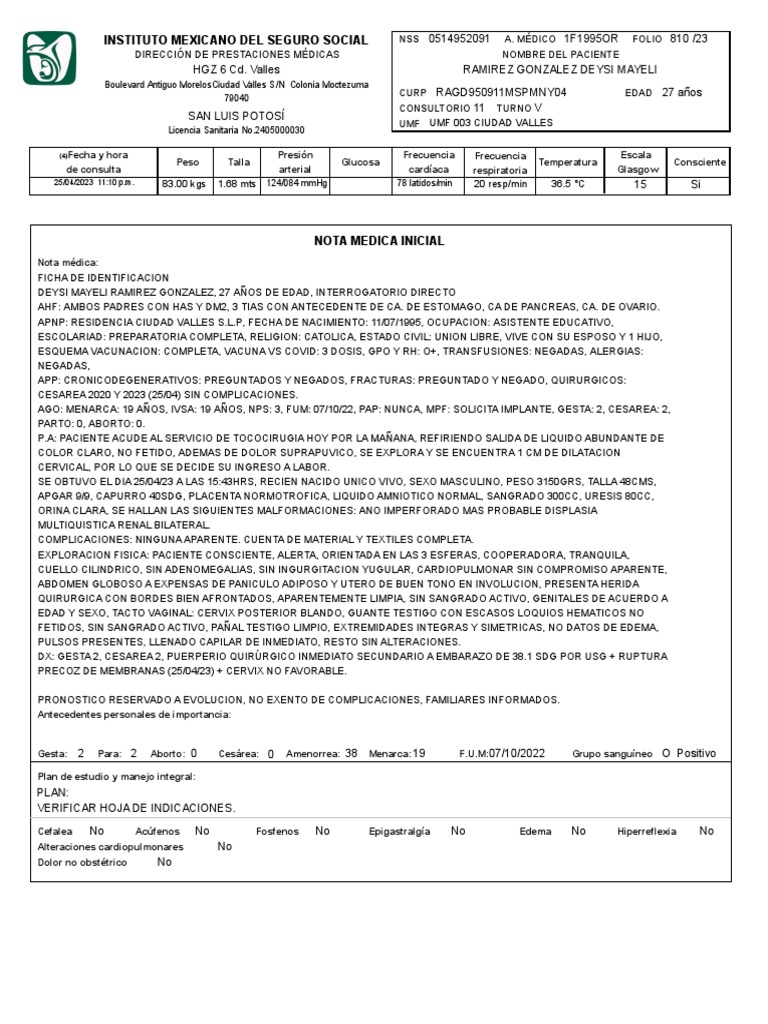 NOTA MEDICA INICIAL GINECO (1) | PDF