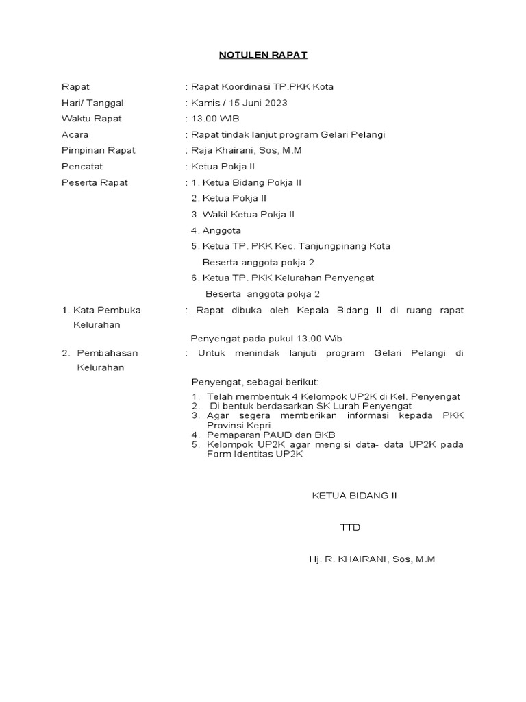 Notulen Rapat PKK 15 Juni 2023 | PDF