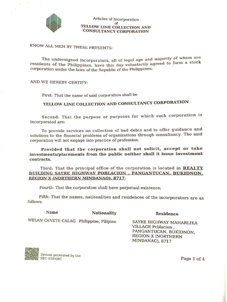 Articles of Incorporation of Yellow Line | PDF