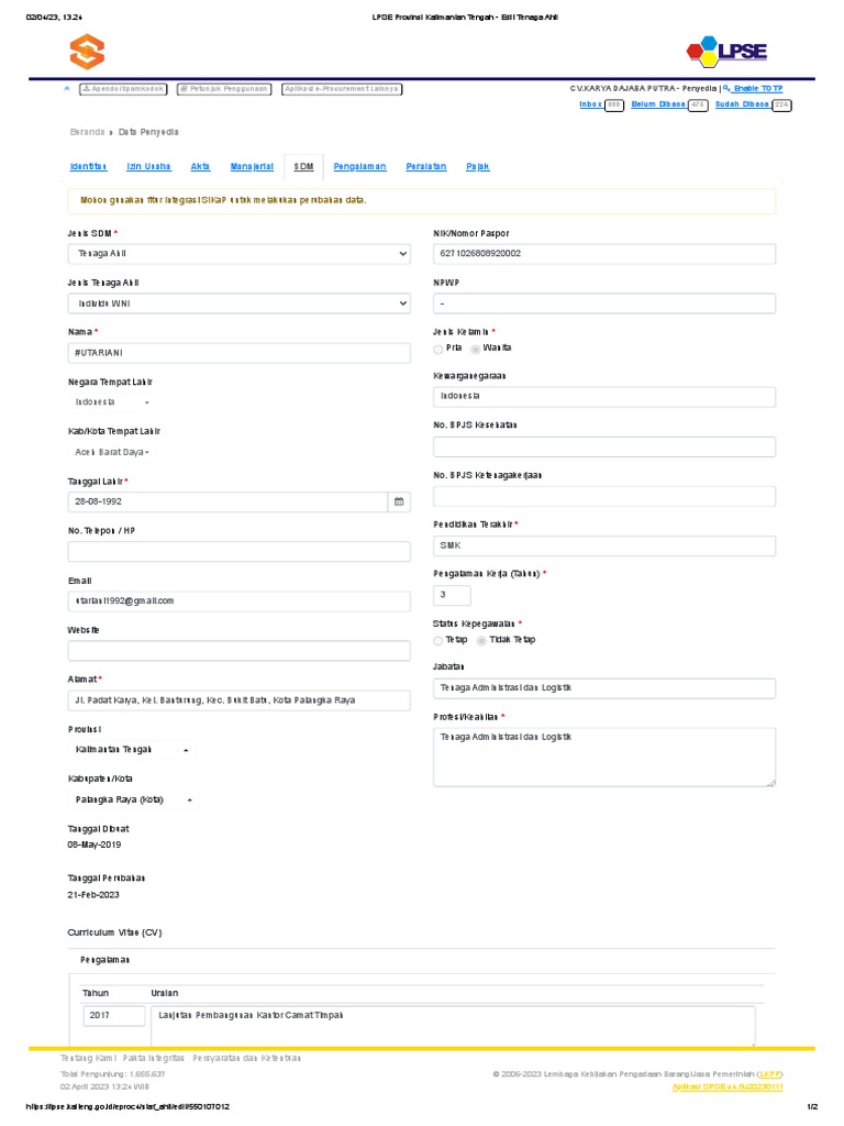 LPSE Provinsi Kalimantan Tengah - Edit Tenaga Ahli | PDF