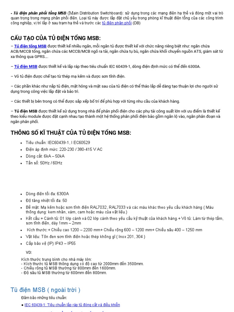 Cấu Tạo Của Tủ Điện Tổng Msb | PDF