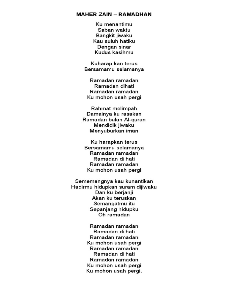 Lirik Lagu Ramadhan Maher Zain | PDF Lirik Lagu Ramadhan Maher Zain | PDF