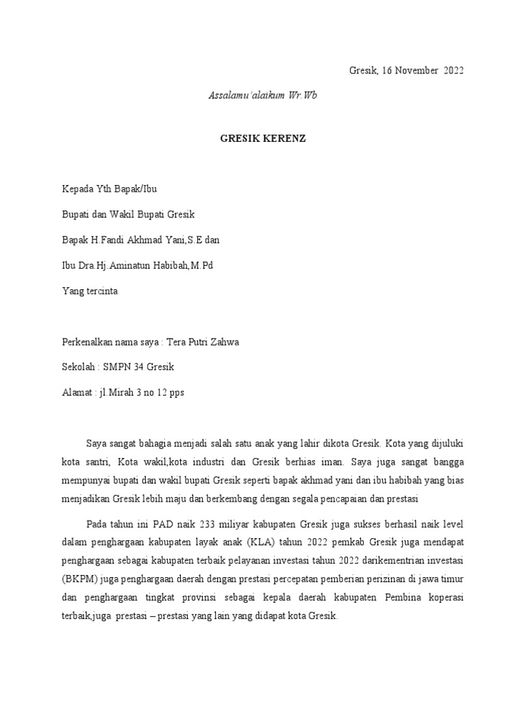 Gresik Kerenz-Tera Putri Zahwa - Upt SMPN 34 Gresik | PDF