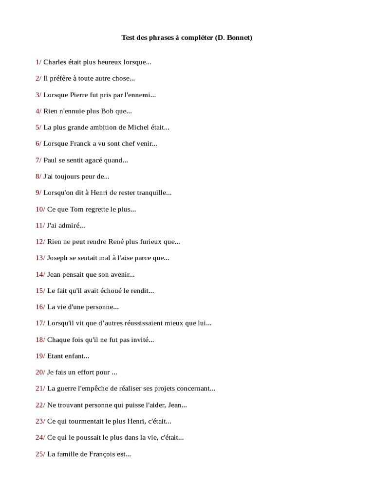 Test Des Phrases À Compléter Ado (D. Bonnet) | PDF
