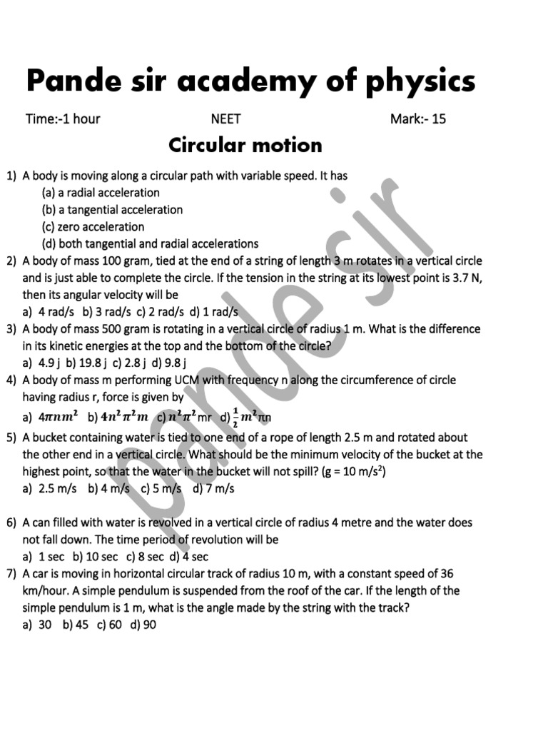 NEET Physics: Circular Motion Quiz | PDF | Acceleration | Physics