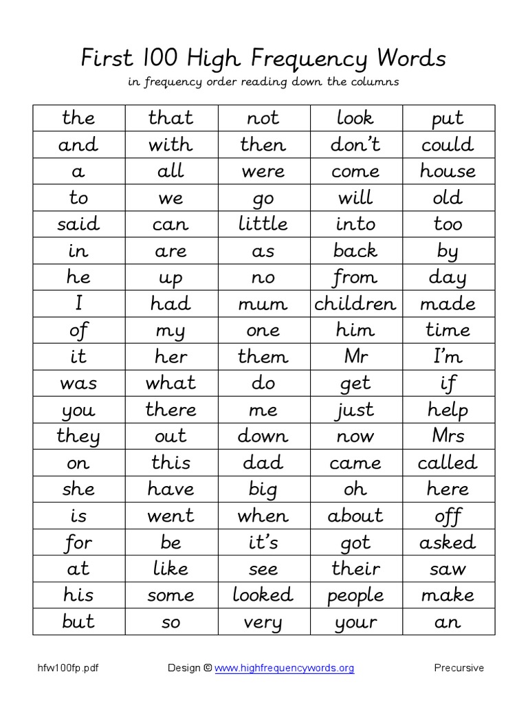 First 100 High Frequency Words List | PDF