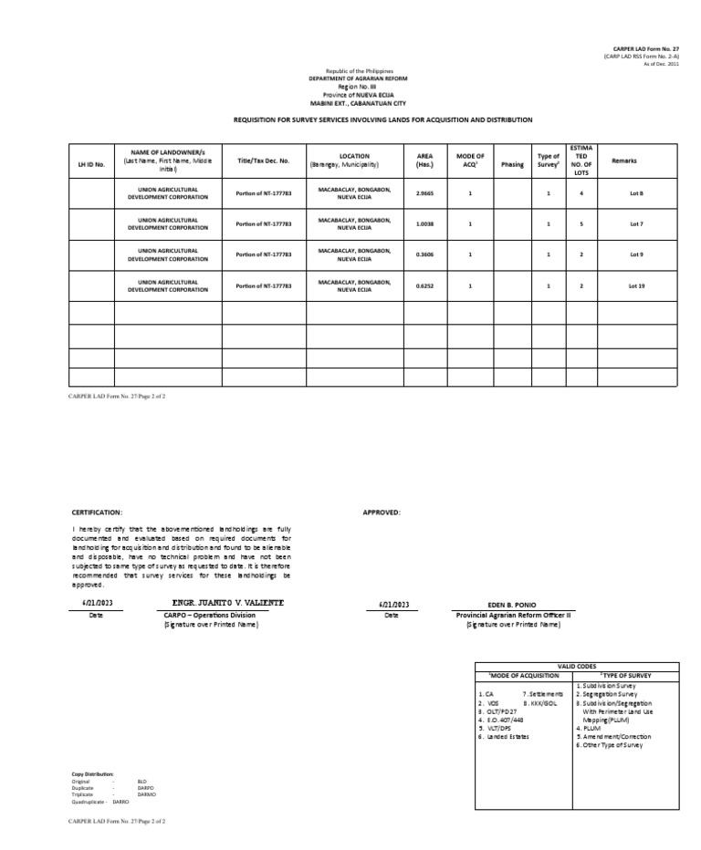 CARPER LAD Form No. 27 Overview | PDF | Government