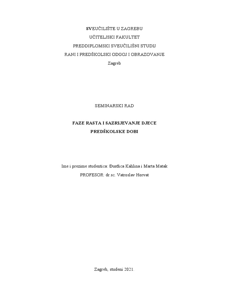 Kineziologija - Seminar - Faze Rasta I Razvoja Predškolske Djece | PDF