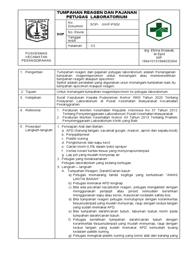 Sop Tumpahan Reagen Dan Pajanan Petugas Laboratorium | PDF