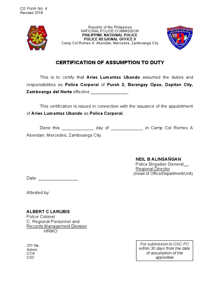 Assumption of Duty | PDF | Ranks | Military Rank