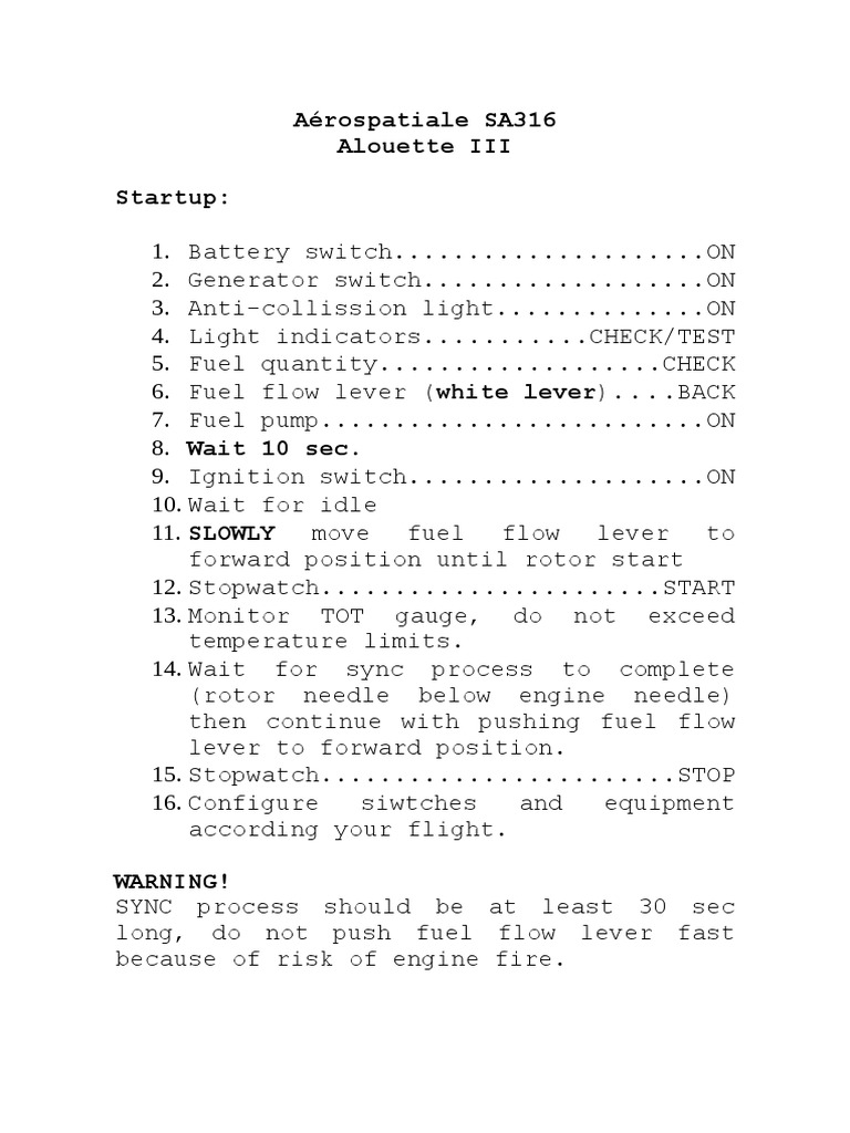 Aerospatiale SA316 Alouette III Checklist by MPDesignStudio | PDF