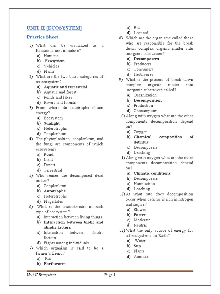 UNIT II ANSWER KEY FOR Practice Sheet | PDF | Food Web | Ecosystem