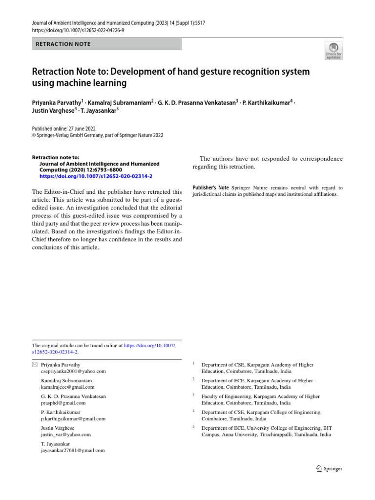 Retraction Note To: Development of Hand Gesture Recognition System Using Machine Learning | PDF ...