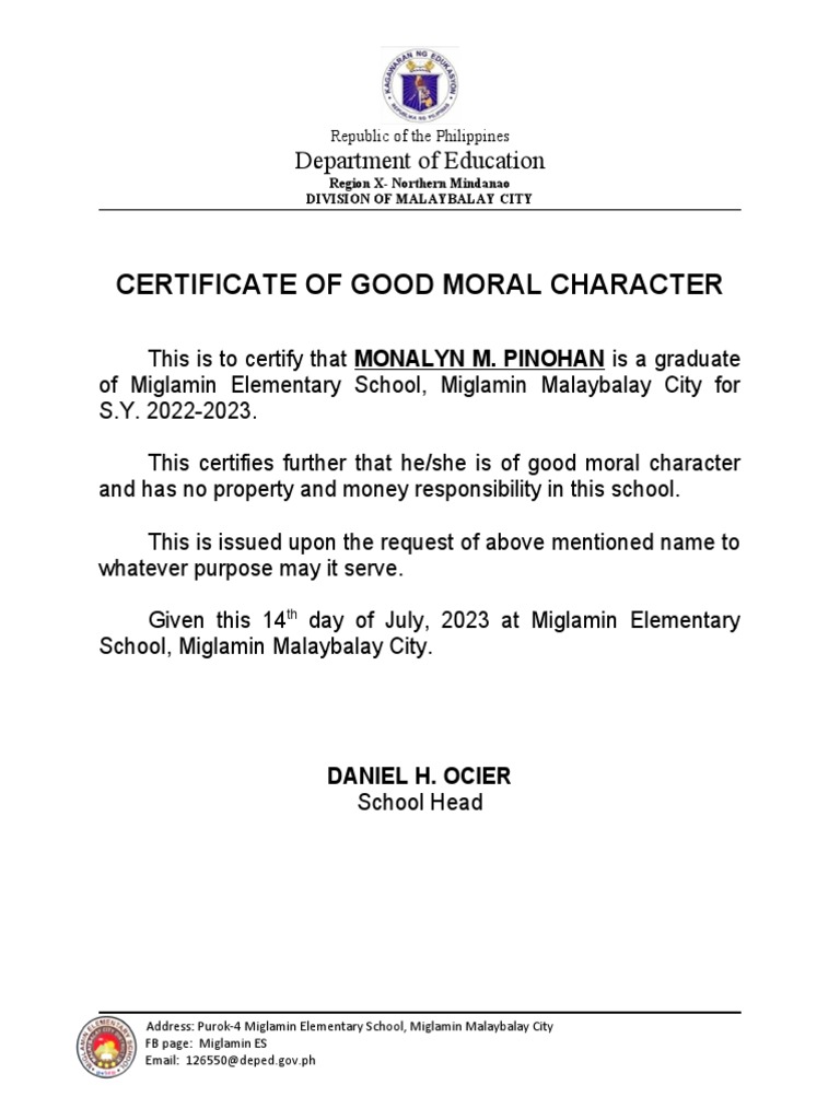 Good Moral Character Certificate Template | PDF | Career & Growth ...
