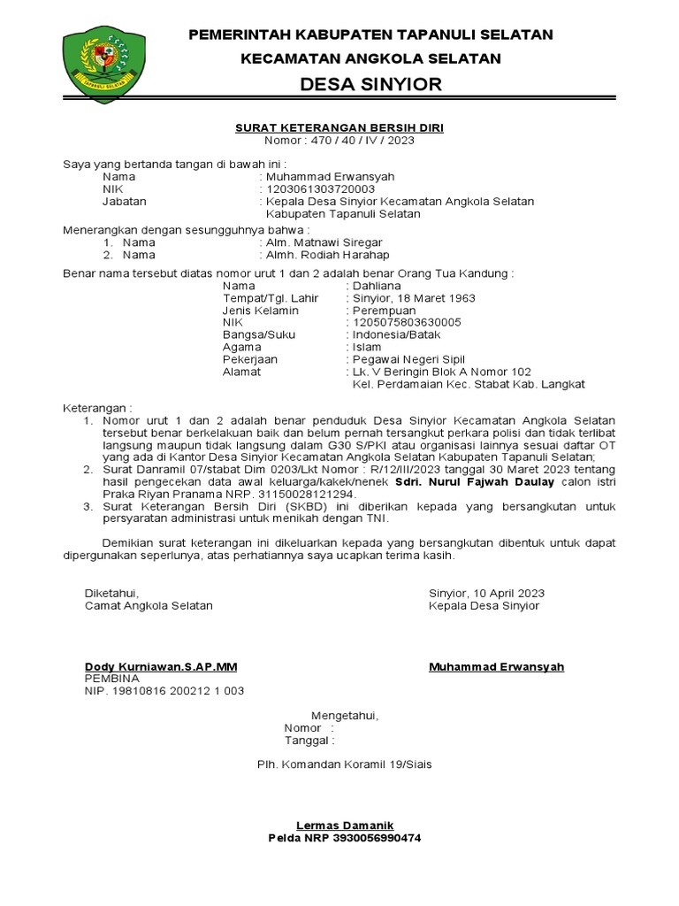 Surat Keterangan Bersih Diri | PDF