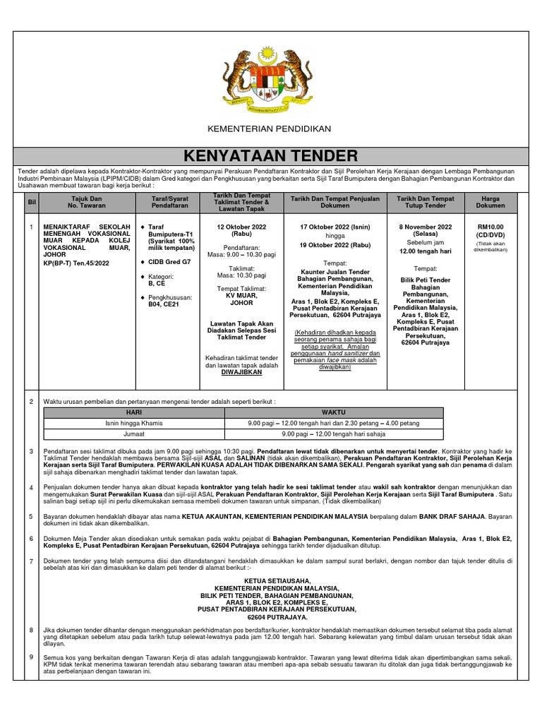 Iklan Tender Projek KV Muar_221007_213302 | PDF