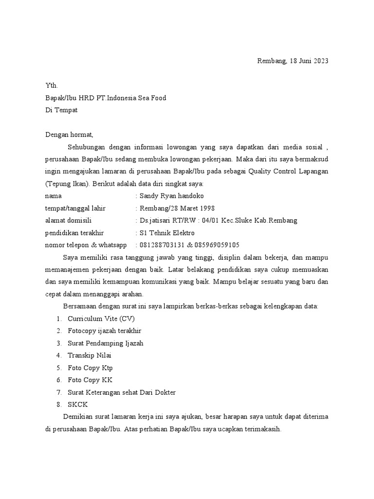 Surat Lamaran Quality Control PT. Indo Sea Food | PDF
