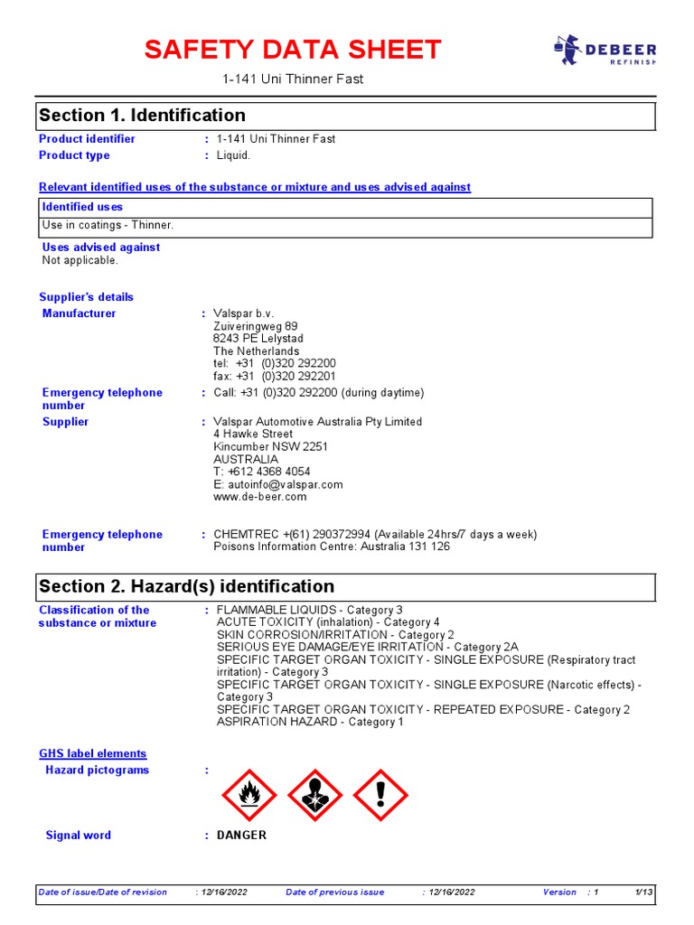 Safety Data Sheet: Section 1. Identification | PDF | Toxicity | Occupational Safety And Health