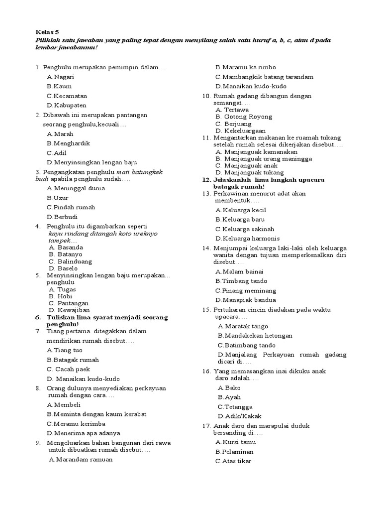 Soal BAM Kelas 5 Semester 2 | PDF