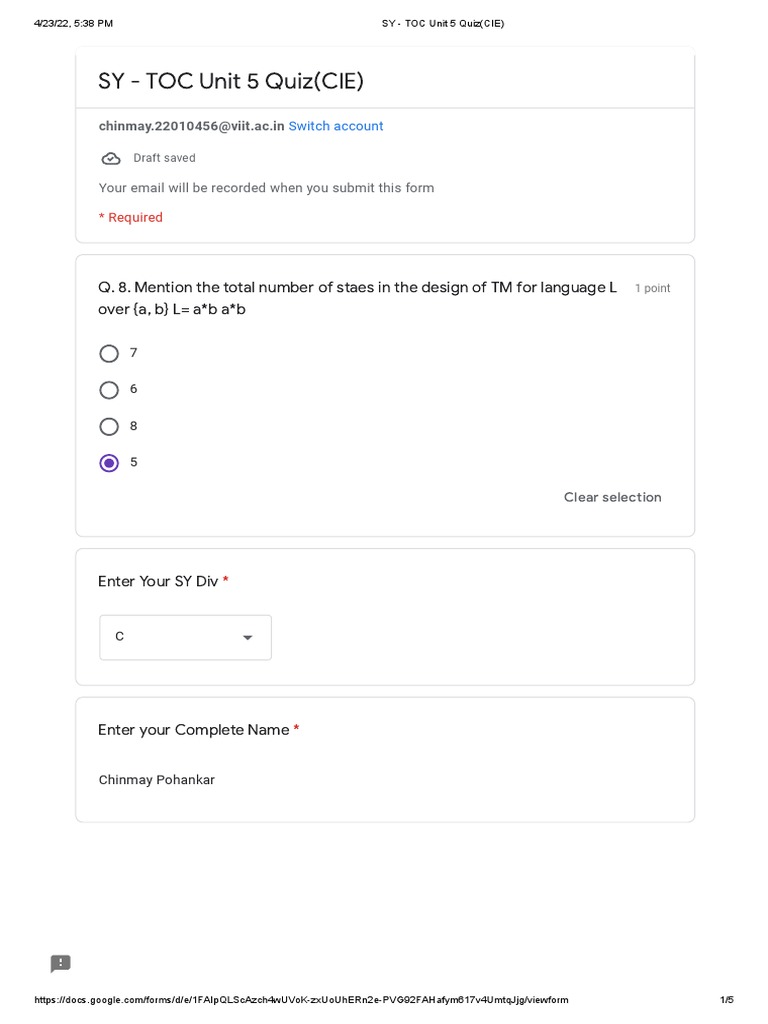 SY - TOC Unit 5 Quiz (CIE) | PDF | Mathematics | Theory Of Computation