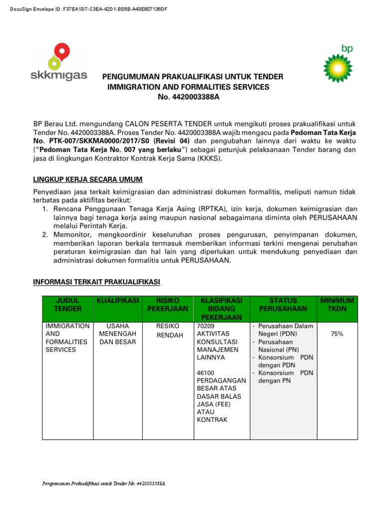 Pengumuman Prakualifikasi Untuk Tender Immigration and Formalities Services No. 4420003388A | PDF