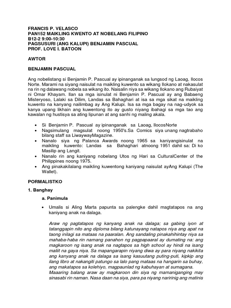 Francis Velas (Ang Kalupi ni Benjamin Pascual) | PDF