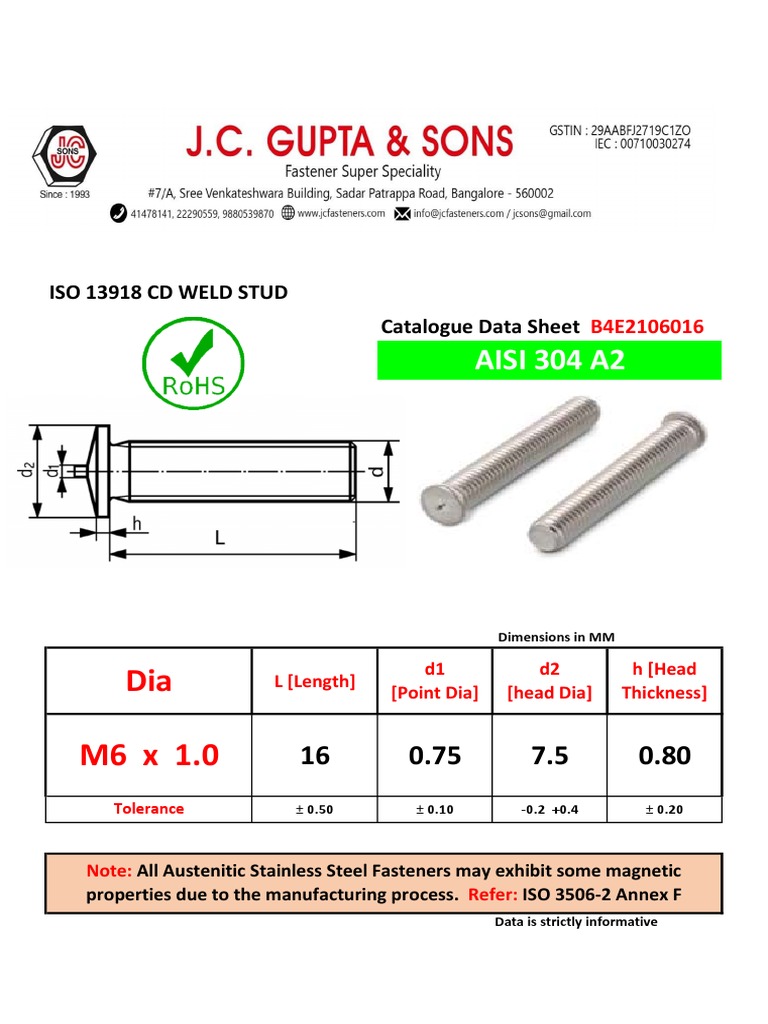 ISO 13918 CD Weld Stud B4E2106016 SS 304 | PDF