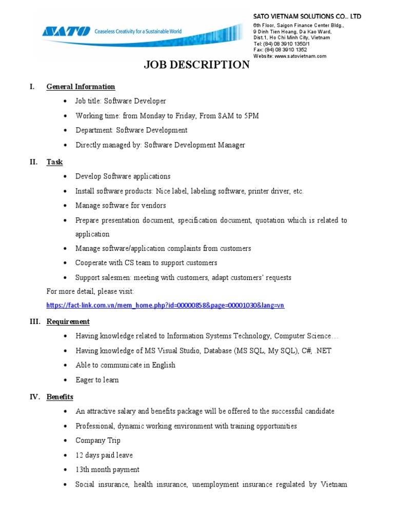 Job Description - Software Developer | PDF | Ho Chi Minh City | Computing