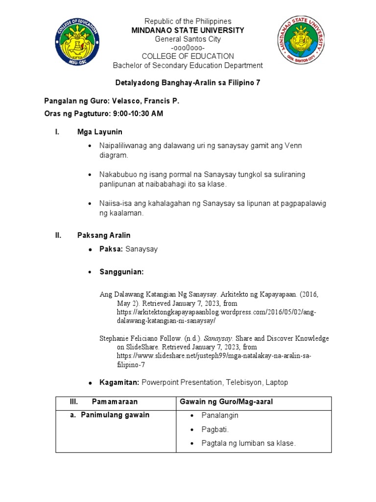 Demo Teaching Lesson Plan - Sanaysay | PDF