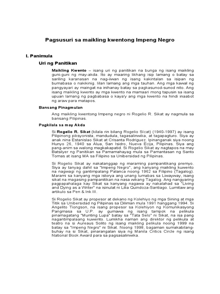 Pagsusuri Sa Maikling Kwentong Impeng Negro | PDF Pagsusuri Sa Maikling Kwentong Impeng Negro | PDF