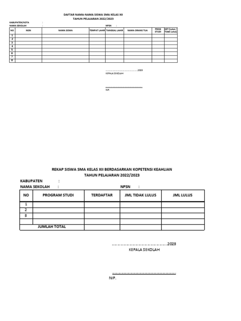 Format Data Siwa Kelulusan SMA Kls XII 2023 | PDF