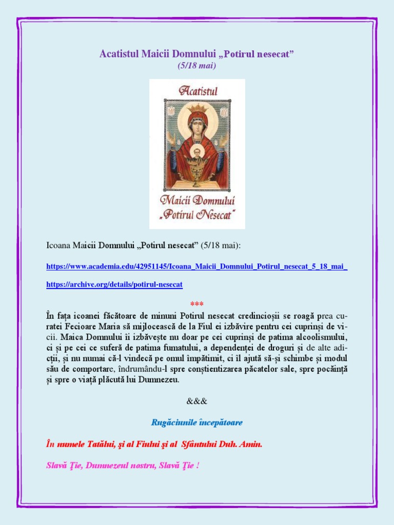 Acatistul Maicii Domnului Potirul Neseca | PDF