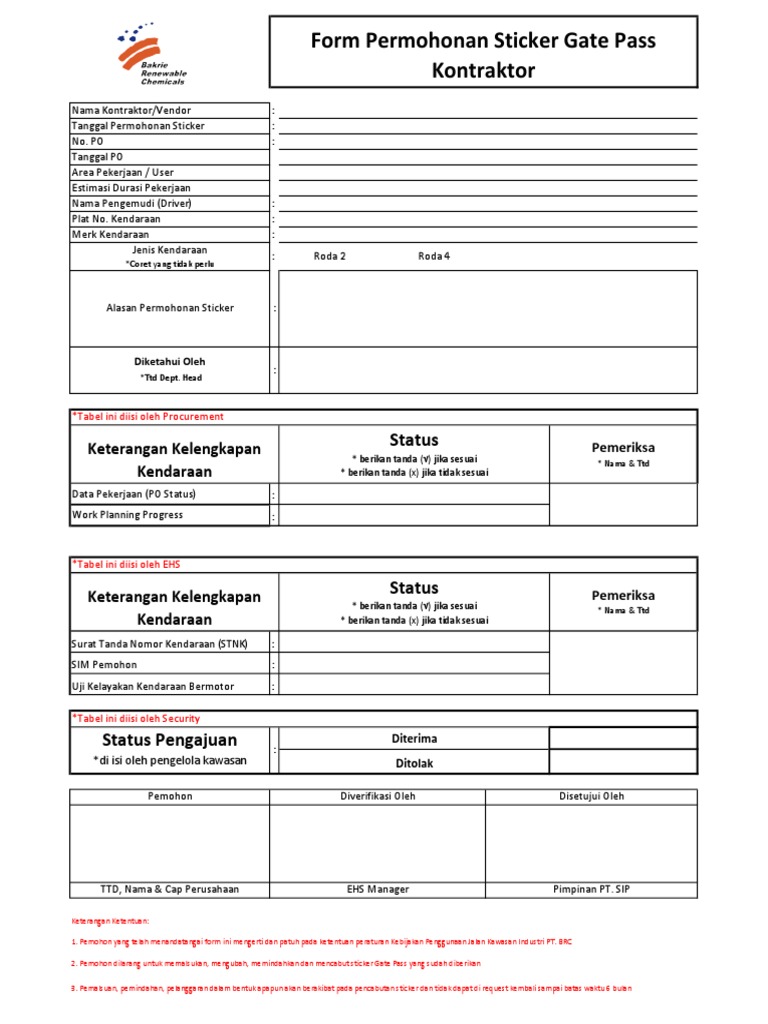 Form Permohonan Gate Pass Kontraktor | PDF