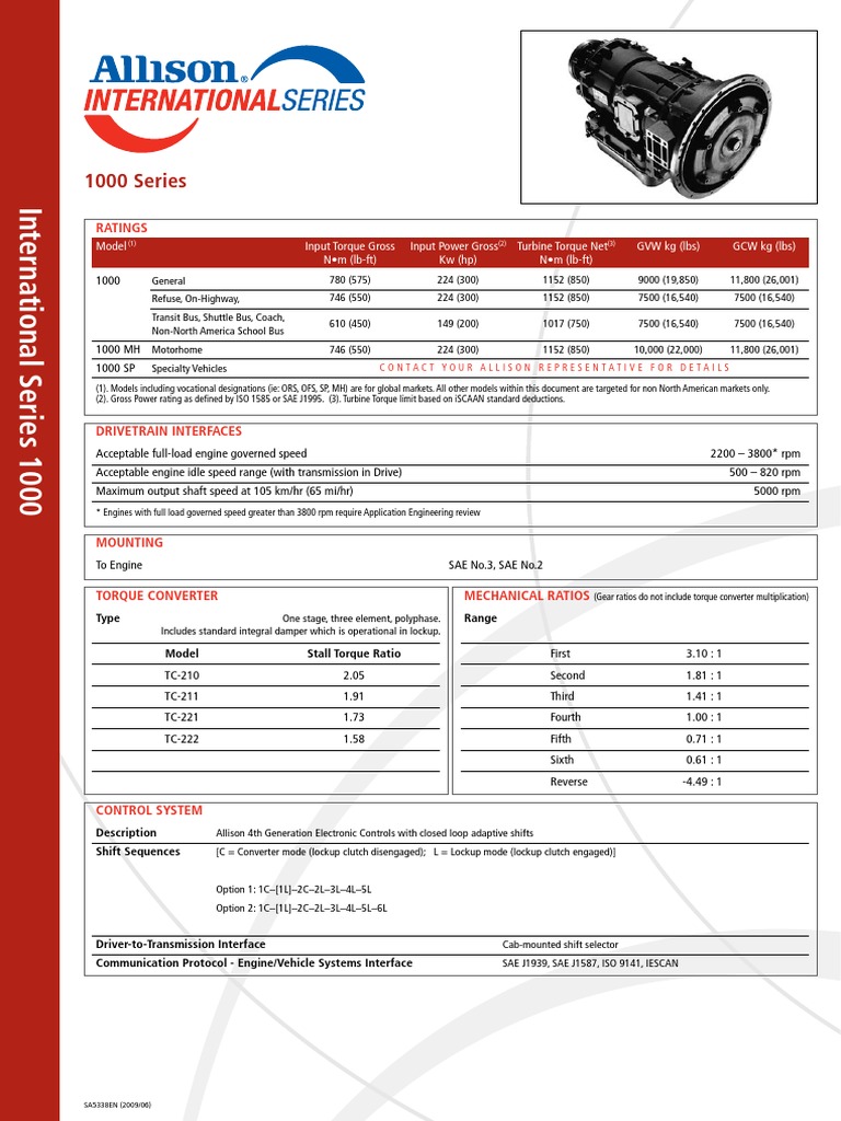 Allison Transmission 1000 Series Spec Sheet Min Min | PDF | Vehicle ...