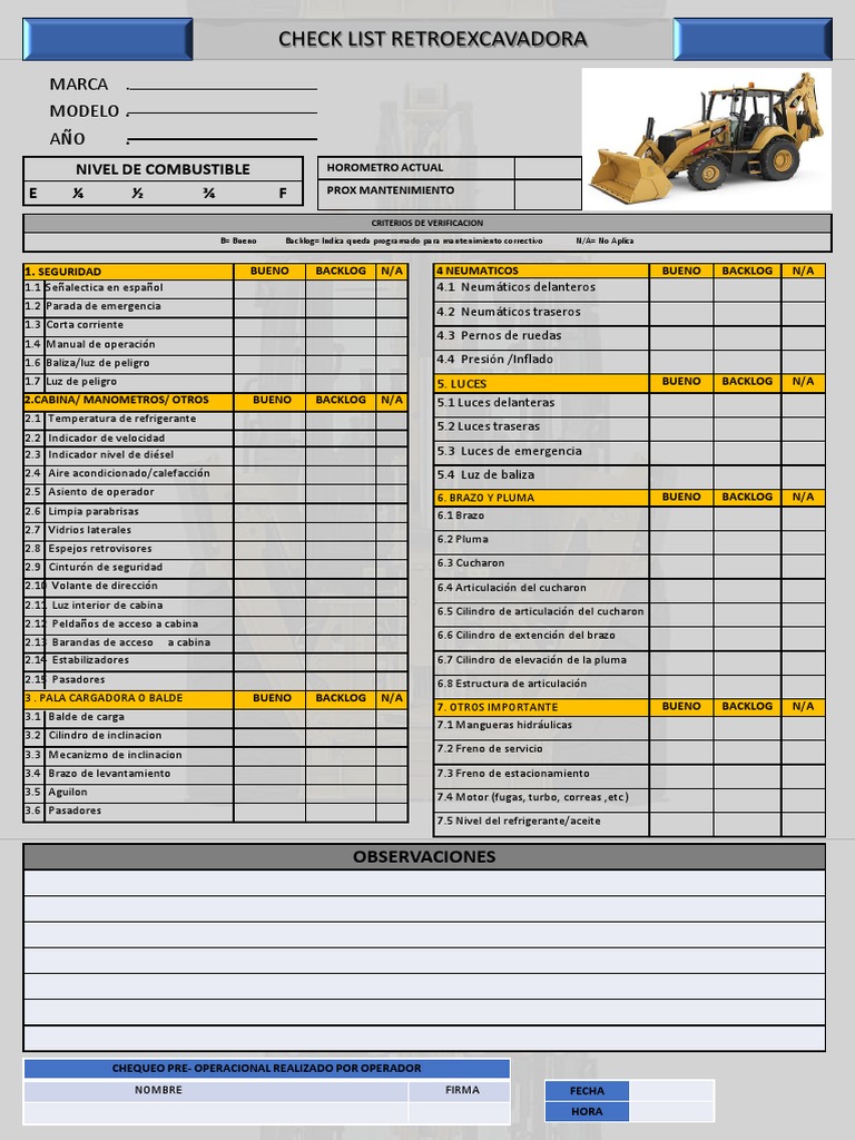 CHECK list retroexcavadora | PDF | Estilos de carrocería | Partes de ...