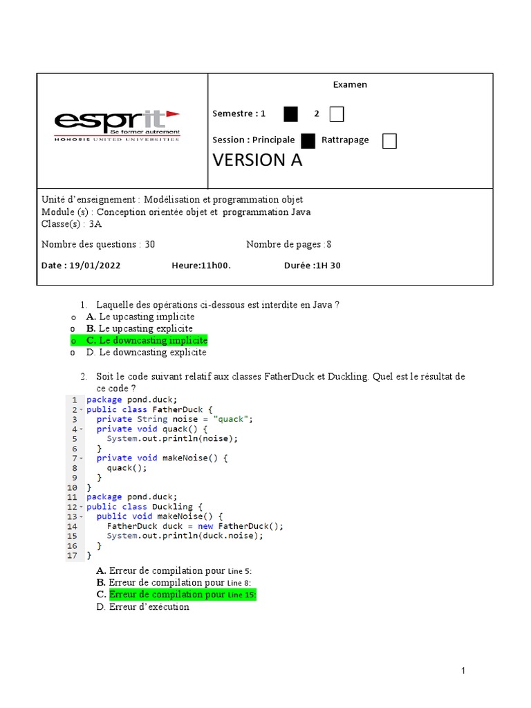 Examen 3A 21-22 Version Finale FR Version A | PDF | Classe (informatique) | Java (Langage de ...