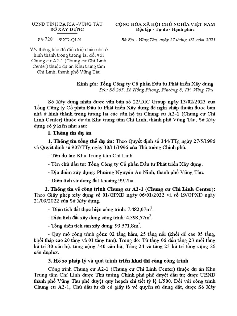 VB SXD Thong Bao Du Dieu Kien Ban Nha o Hinh Thanh Tuong Lai Chung Cu A2-1 Chi Linh | PDF