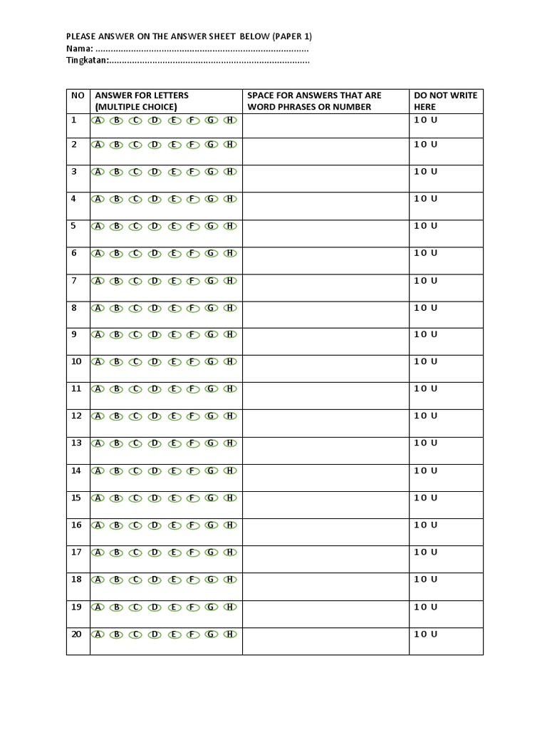 SPM English Paper 1 Answer Sheet | PDF