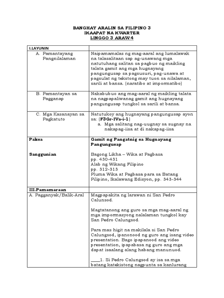 BANGHAY ARALIN SA FILIPINO 3_Q4_W3_D4 | PDF