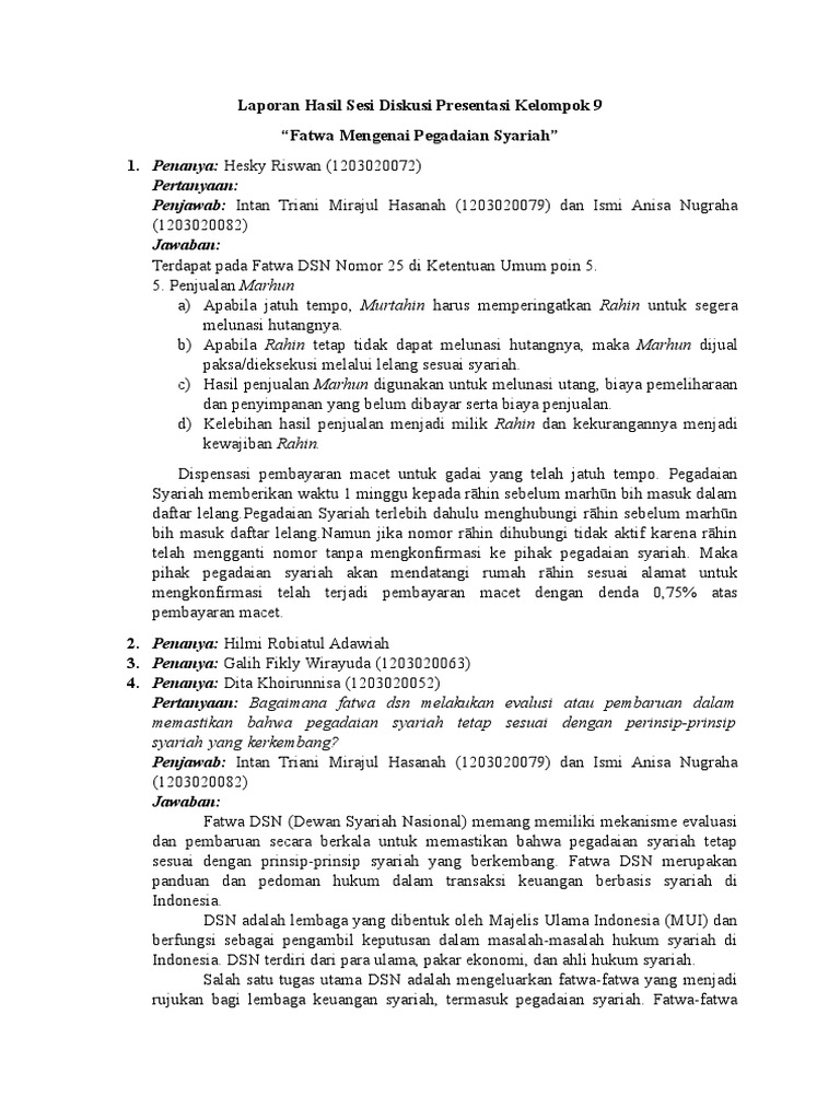 Laporan Hasil Sesi Diskusi Presentasi Kelompok 9 | PDF