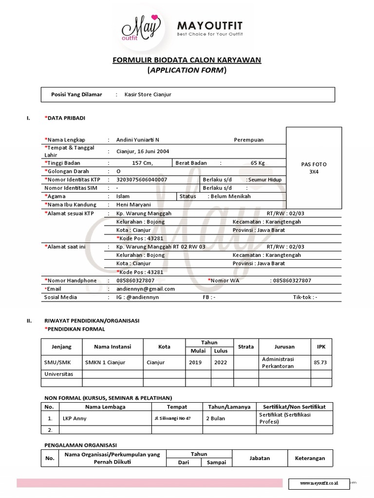 Formulir Biodata Calon Karyawan | PDF