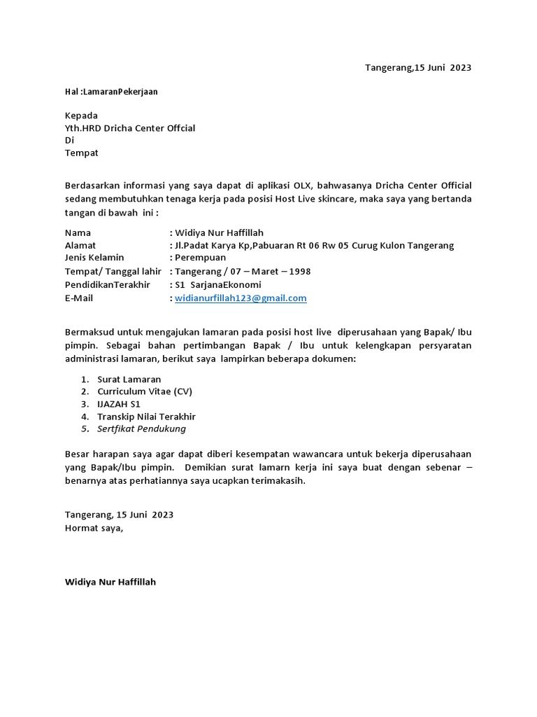 Contoh Lamaran Kerja Host Live Streaming | PDF