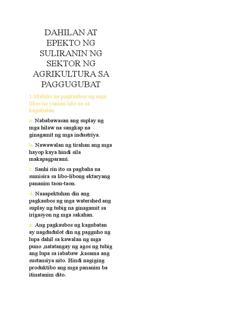 Dahilan at Epekto Ng Suliranin Ng Sektor Ng Agrikultura Sa Paggugubat | PDF