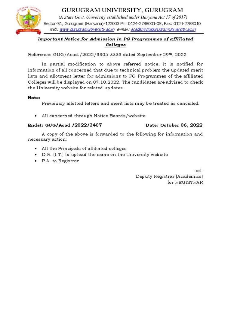 Important Notice For Admission in PG Programmes of Affiliated Colleges ...