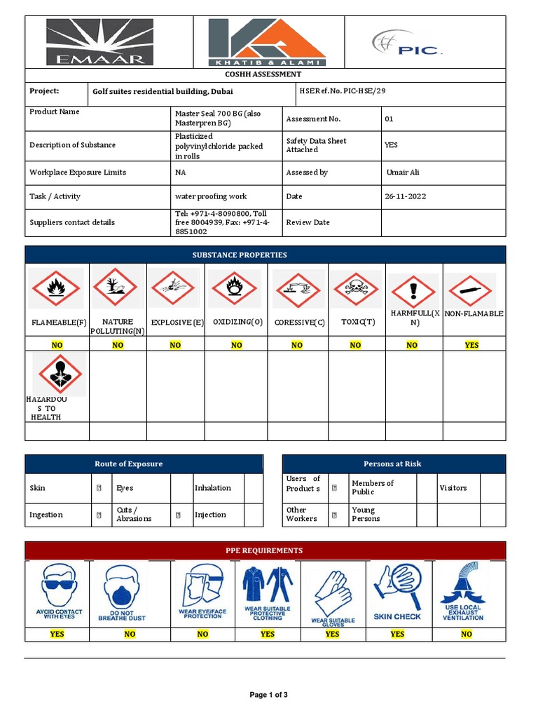 Coshh Assessment-Rev-1 | PDF | Personal Protective Equipment | Smoke