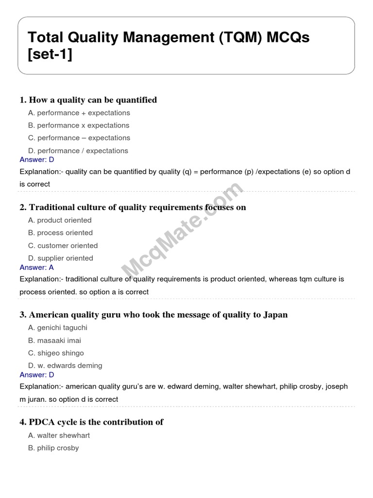 TQM MCQs for Quality Management | PDF | Customer | Economies