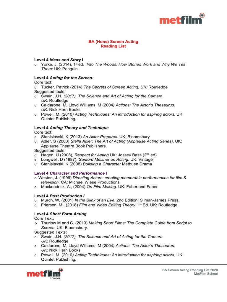 BA Screen Acting Reading List 2020 | PDF | Acting | The Arts