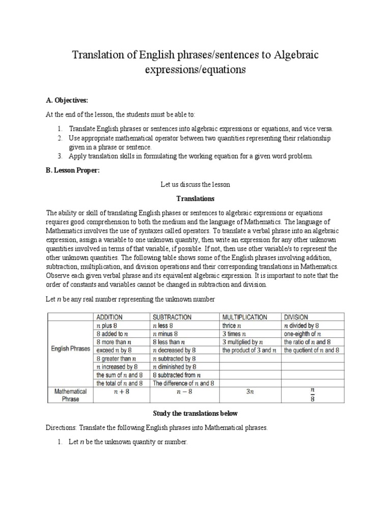 Translating Phrases to Algebraic Expressions | PDF | Equations | Numbers